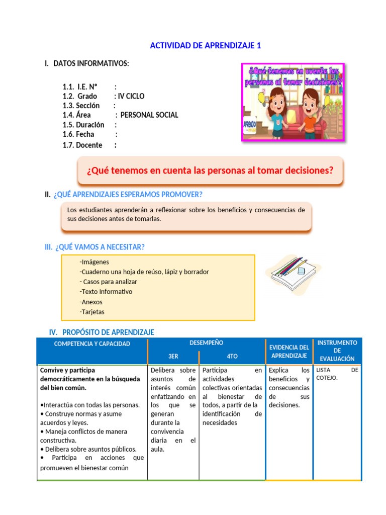 D1 A2 SESION PS. ¿Qué Tenemos en Cuenta Las Personas Al Tomar Decisiones | PDF | Evaluación ...