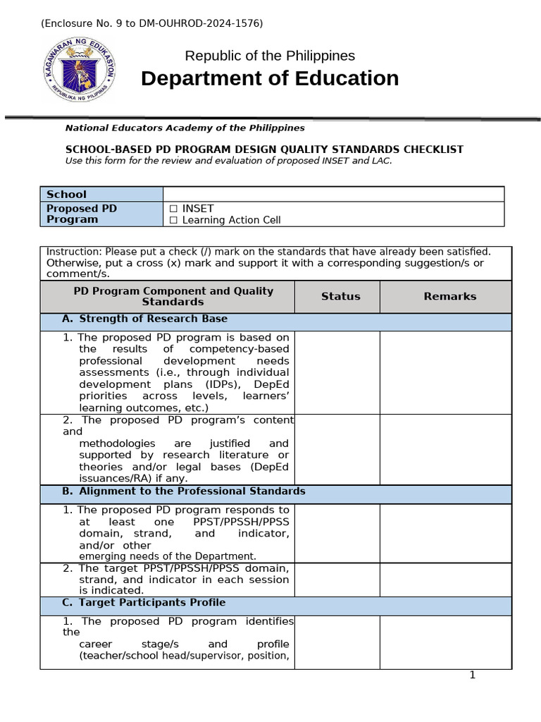School Based PD Program Design Quality Standards Checklist | PDF ...