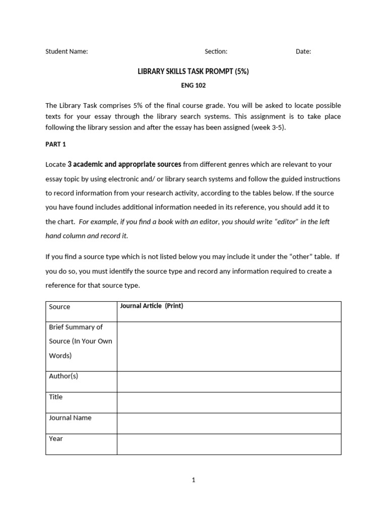 21-22-1 ENG 102 Library Task Prompt 2023 | PDF | Libraries | Academic ...