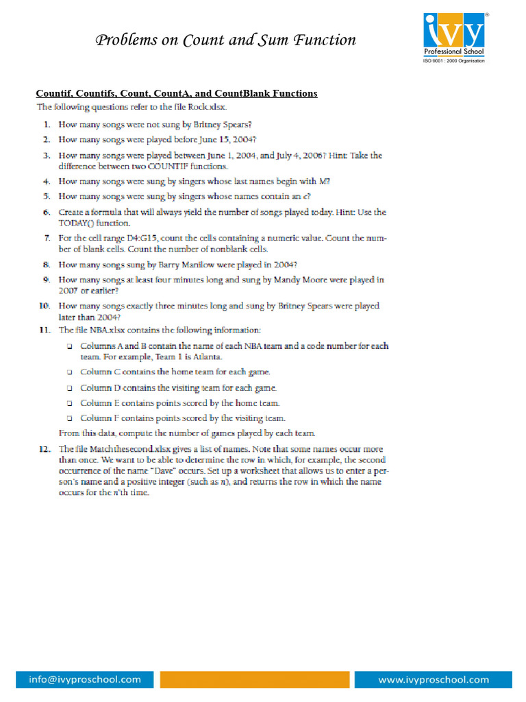 Ivy - Count & Sum Function - Problems | PDF | Teaching Methods ...