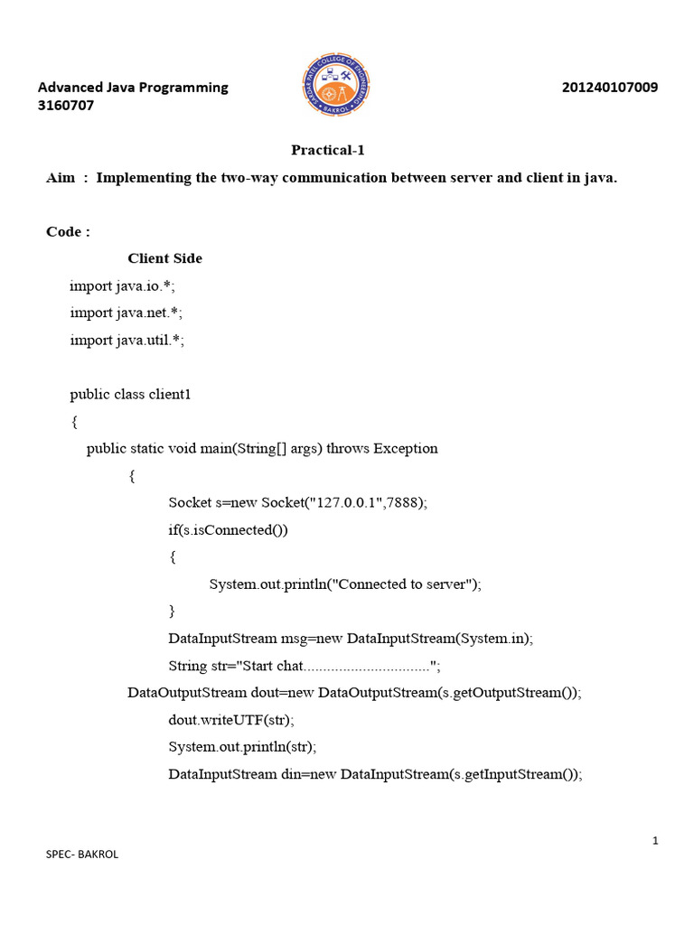 Practical 1 Aim: Implementing The Two Way Communication Between Server ...