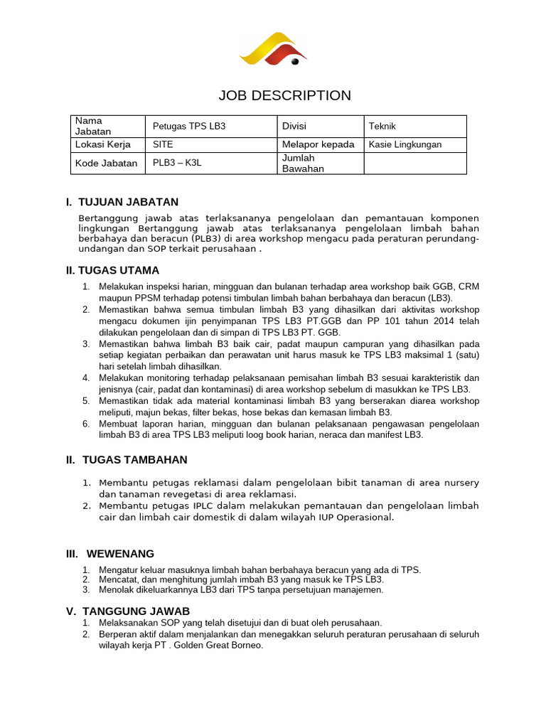 Job Desc Petugas TPS LB3 | PDF