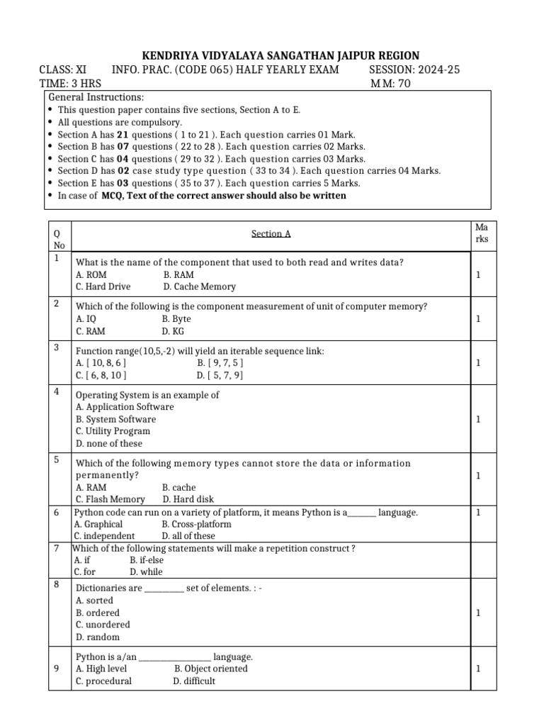 Class XI Info. Prac. Exam Paper | PDF | Python (Programming Language) | Laptop