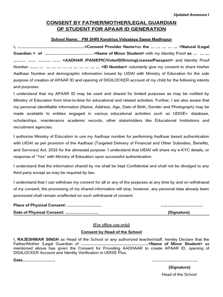 Consent Form APAAR ID KVSWM Final | PDF | Privacy | Justice