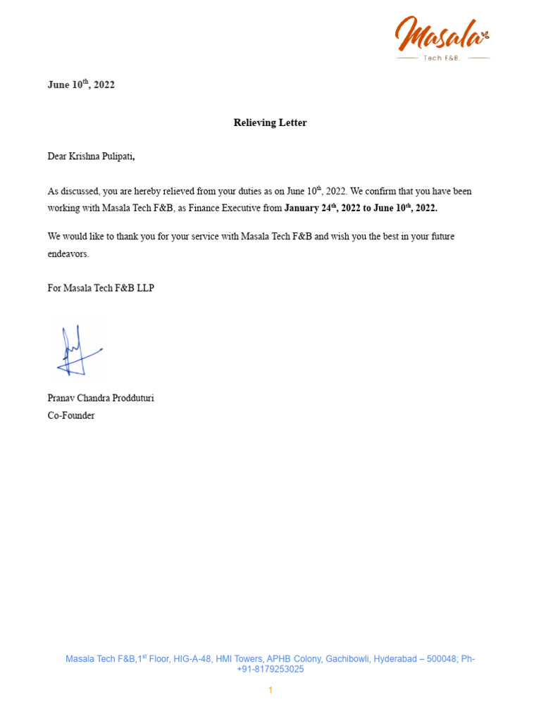 Krishna Relieving Letter | PDF