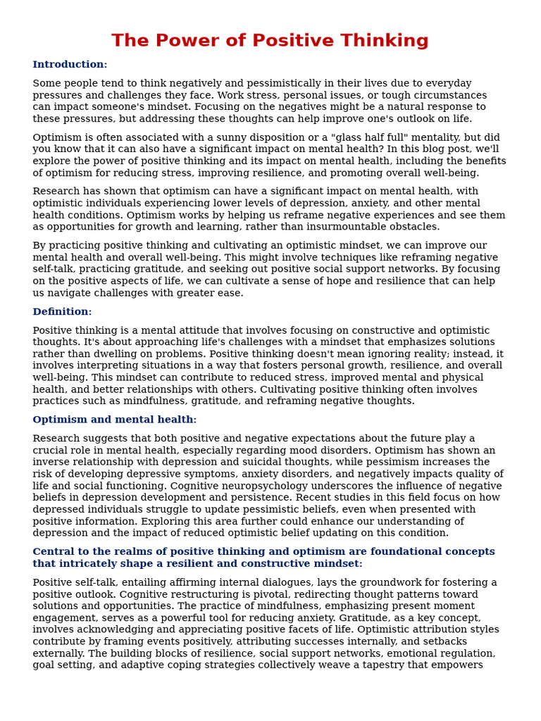 The Power of Positive Thinking | PDF | Optimism | Psychological Resilience