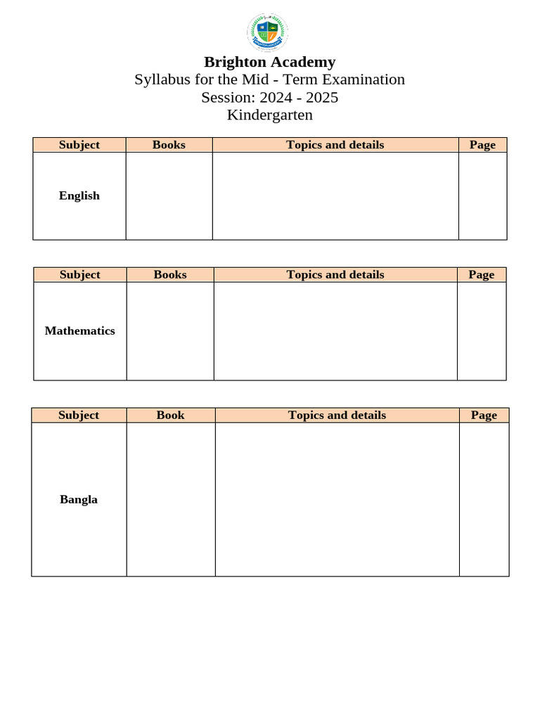 Kindergarten Mid - Term Syllabus - 2024 | PDF