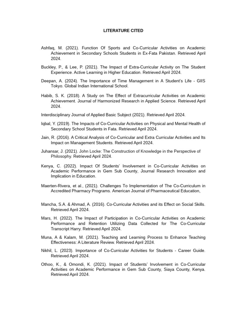 LITERATURE CITED-CO-CUrricular | PDF | Cognition