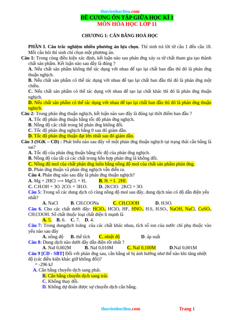 De Cuong On Tap Giua HK1 Hoa 11 KNTT CTM | PDF