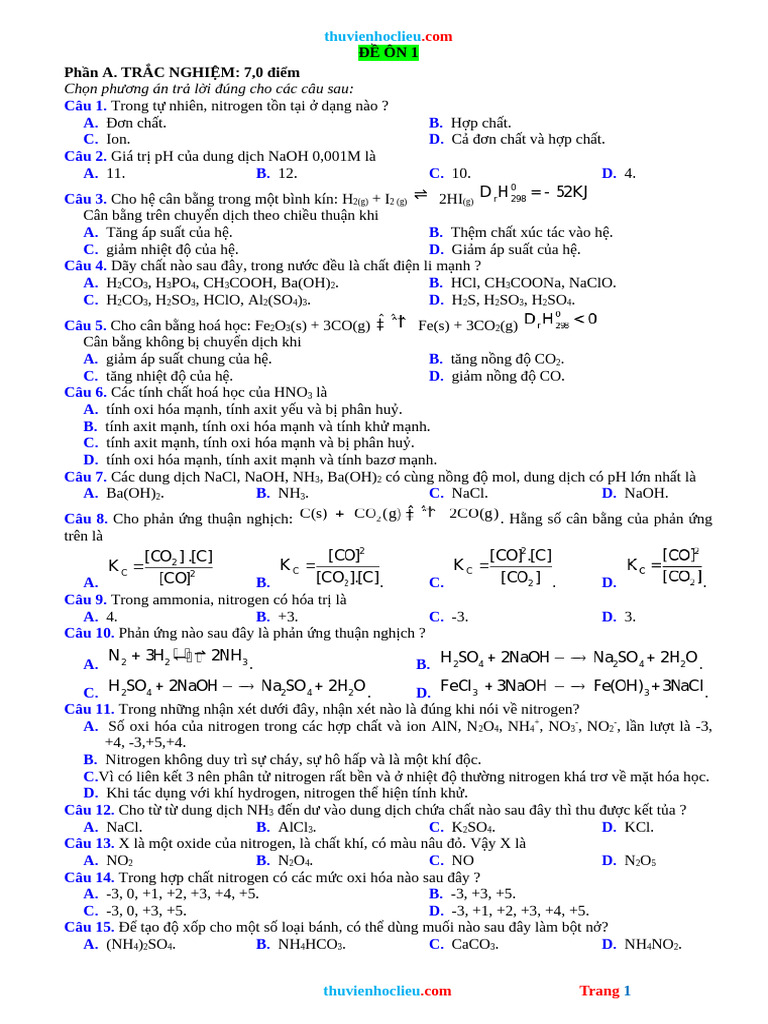 10 de On Tap Giua HK1 Hoa 11 Canh Dieu CTM | PDF