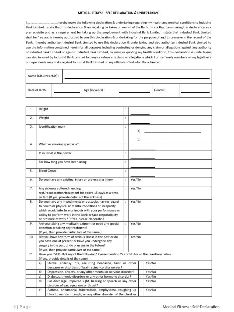 Medical Fitness - Self Declaration | PDF | Hepatitis | Cough
