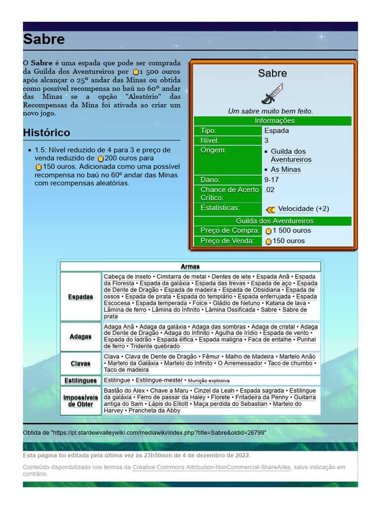 Sabre - Stardew Valley Wiki - Português | PDF | Espada | Martelo