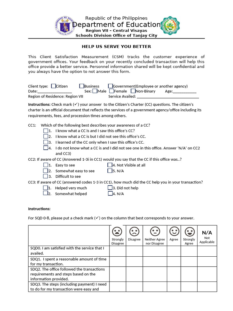 Client Satisfaction Survey (English and Bisaya) | PDF
