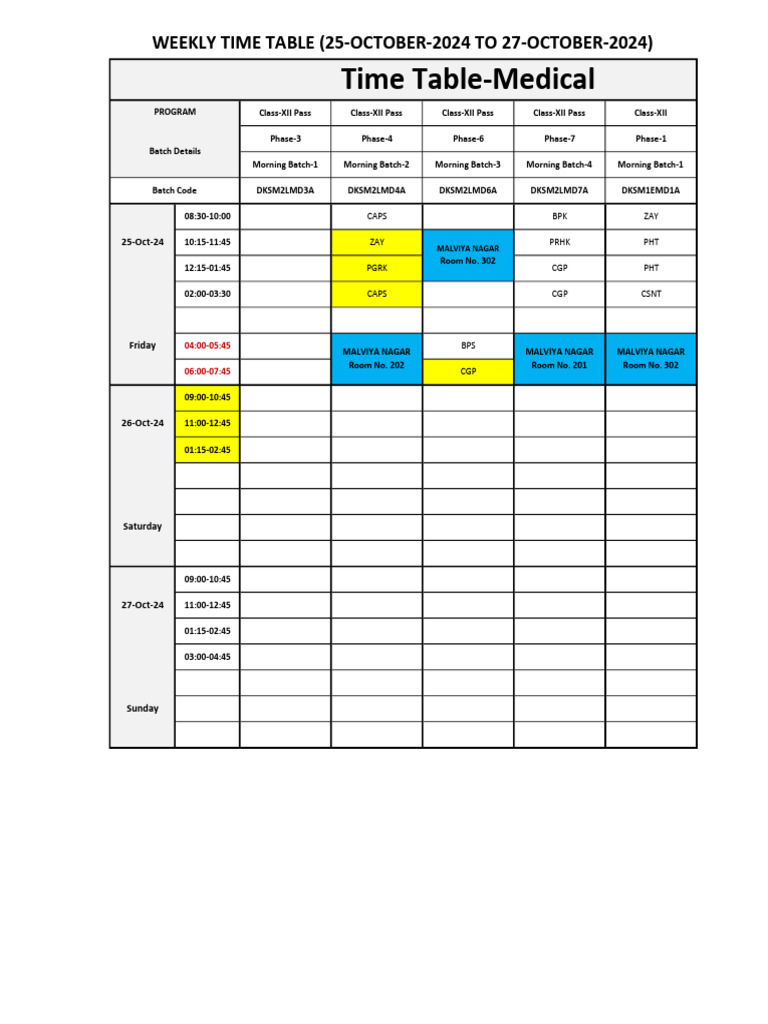 Revised Neet Time Table (25-27 Oct 2024) | PDF