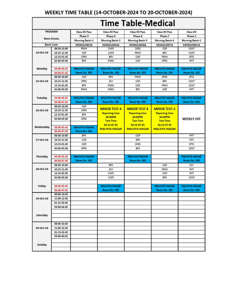 Neet Time Table (14-20 Oct 2024) | PDF | Workweek And Weekend