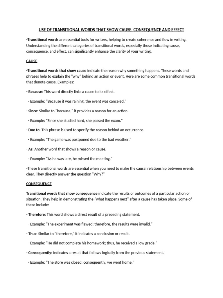 Transirional Words That Show Cause, Consequence and Effect | PDF ...