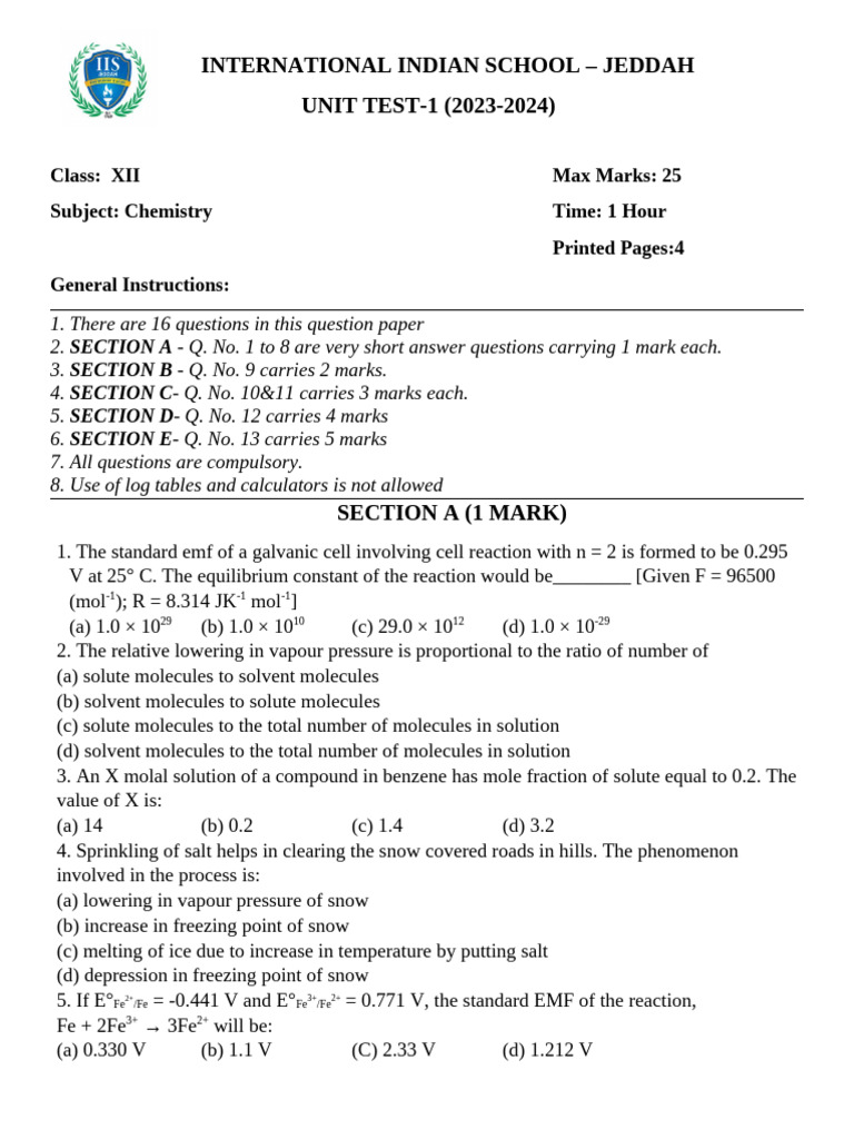 Chemistry Unit Test XII - Jeddah 2023-24 | PDF | Electrode | Anode