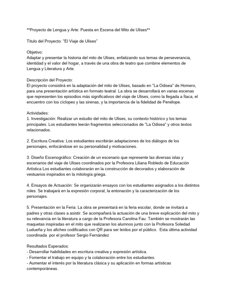 Proyecto de Lengua y Arte - Puesta en Escena Del Mito de Ulises | PDF | Odiseo | Teatro