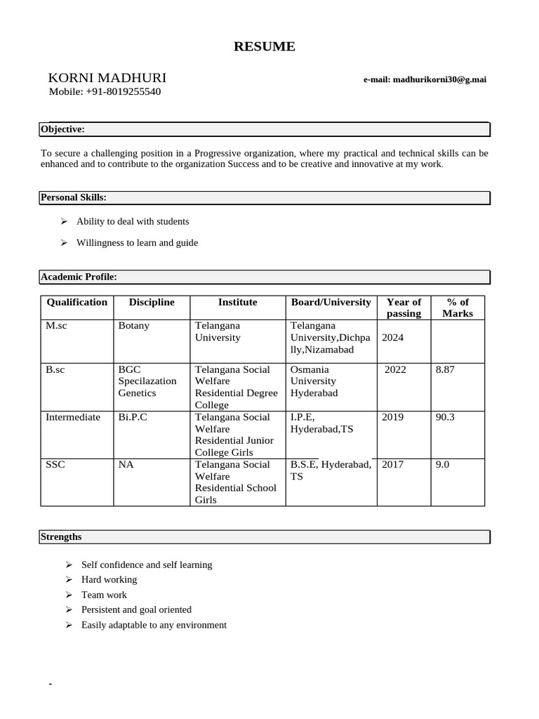 Madhuri Resume | PDF | Psychology | Behavioural Sciences