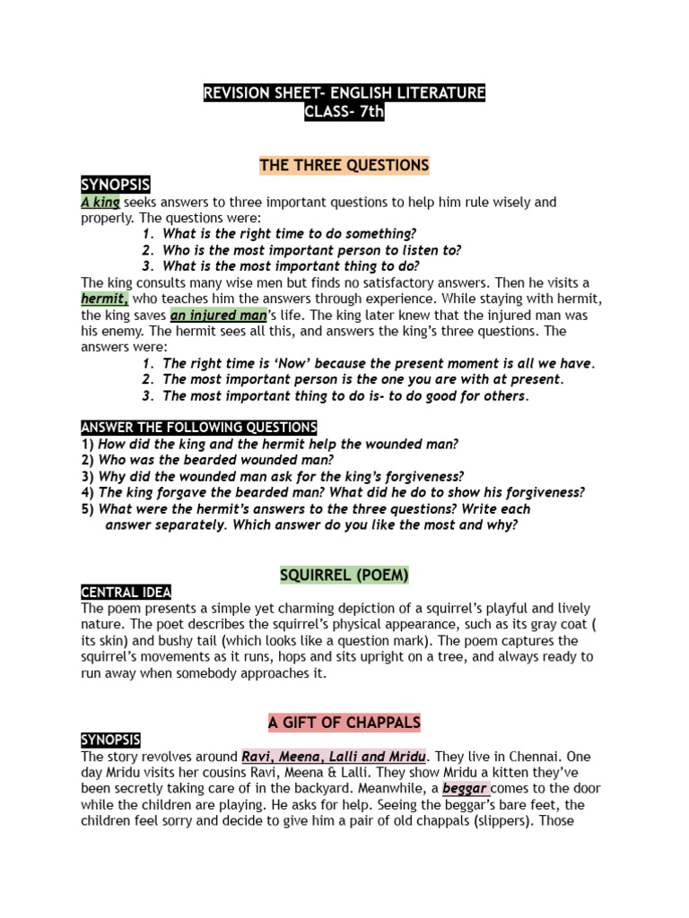7th - Eng Lit Revision Sheet | PDF | Elephant | Ant