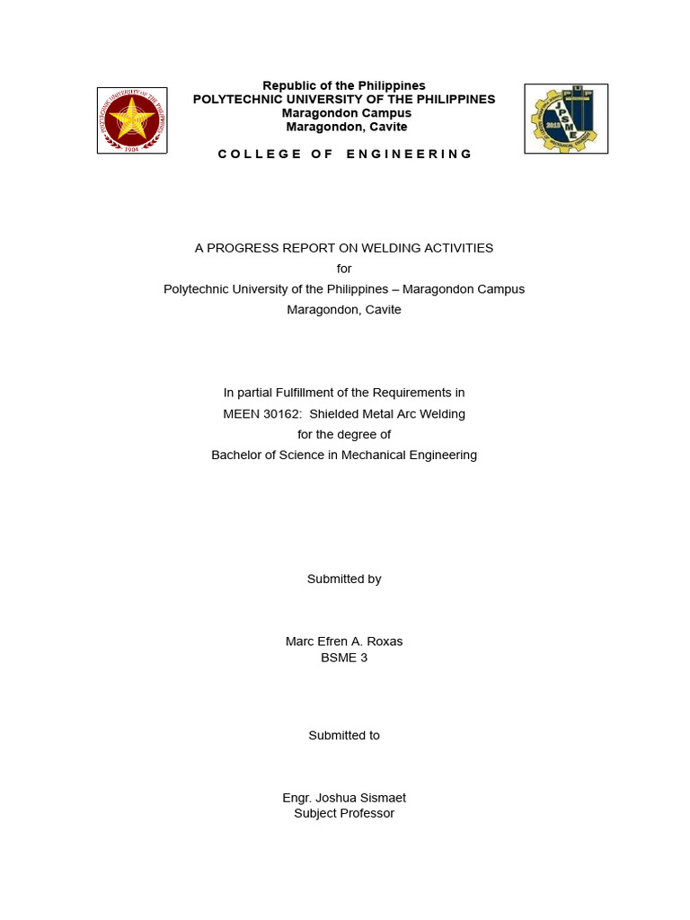 Roxas, Marc Efren A. - SMAW Progress Report | PDF | Welding | Construction Roxas, Marc Efren A. - SMAW Progress Report | PDF | Welding | Construction