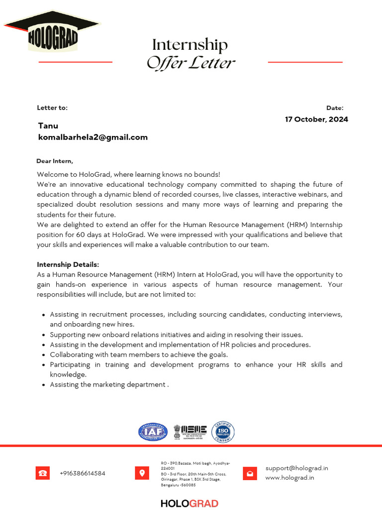 HRM Internship Offer Letter | PDF | Human Resource Management | Internship