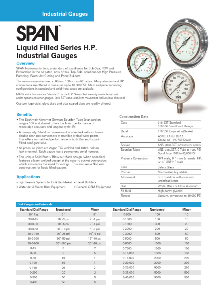 Span Series HP Gauges HR | PDF | Pressure Measurement | Gases