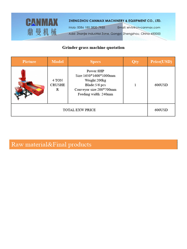 Diesel 4 TON Grinder Grass Machine Quotation | PDF