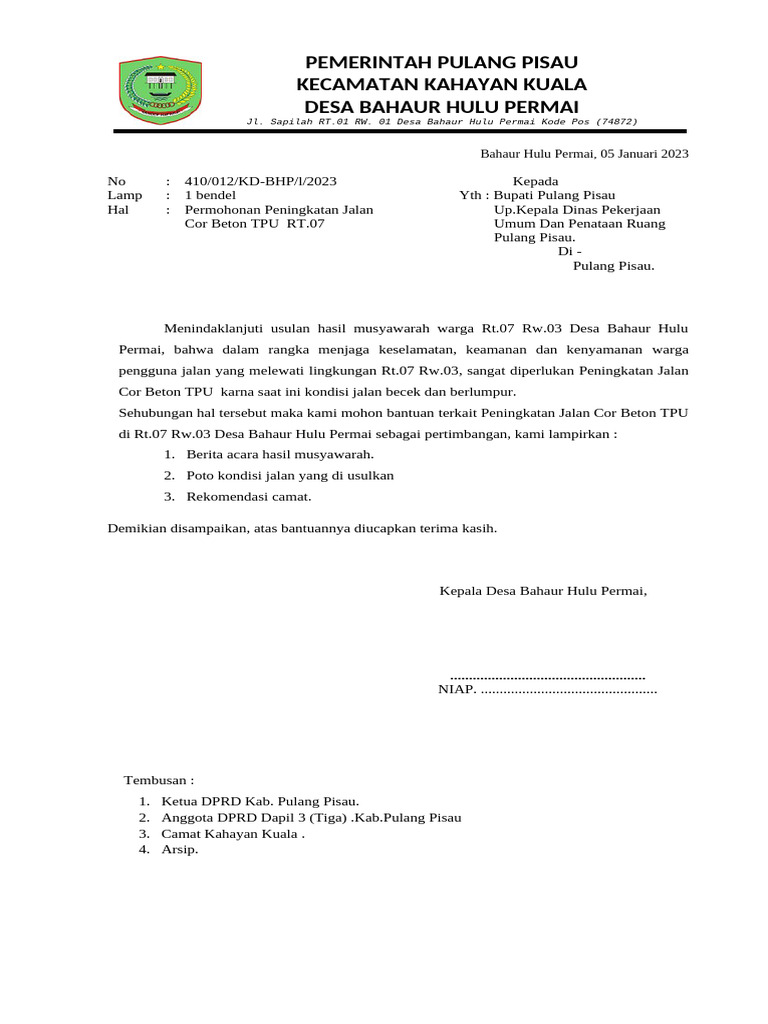 Proposal Jalan Cor Beton RT.07 Desa BHP 2023 | PDF