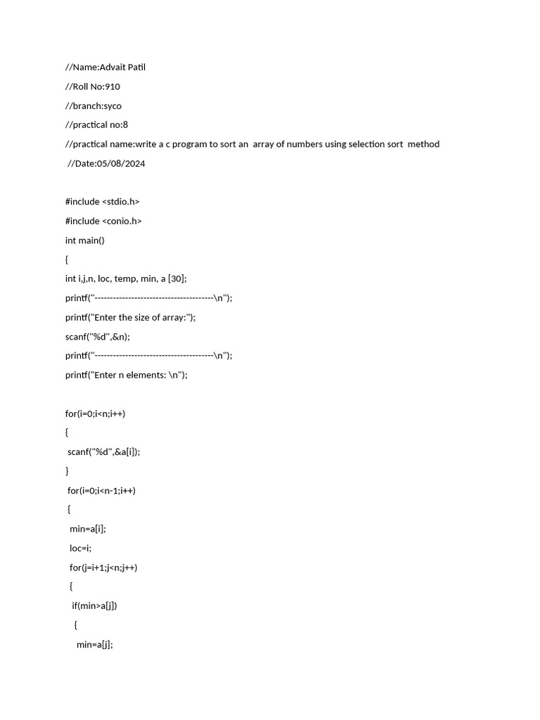 Selection Sort C Program Example | PDF | Computers | Technology & Engineering