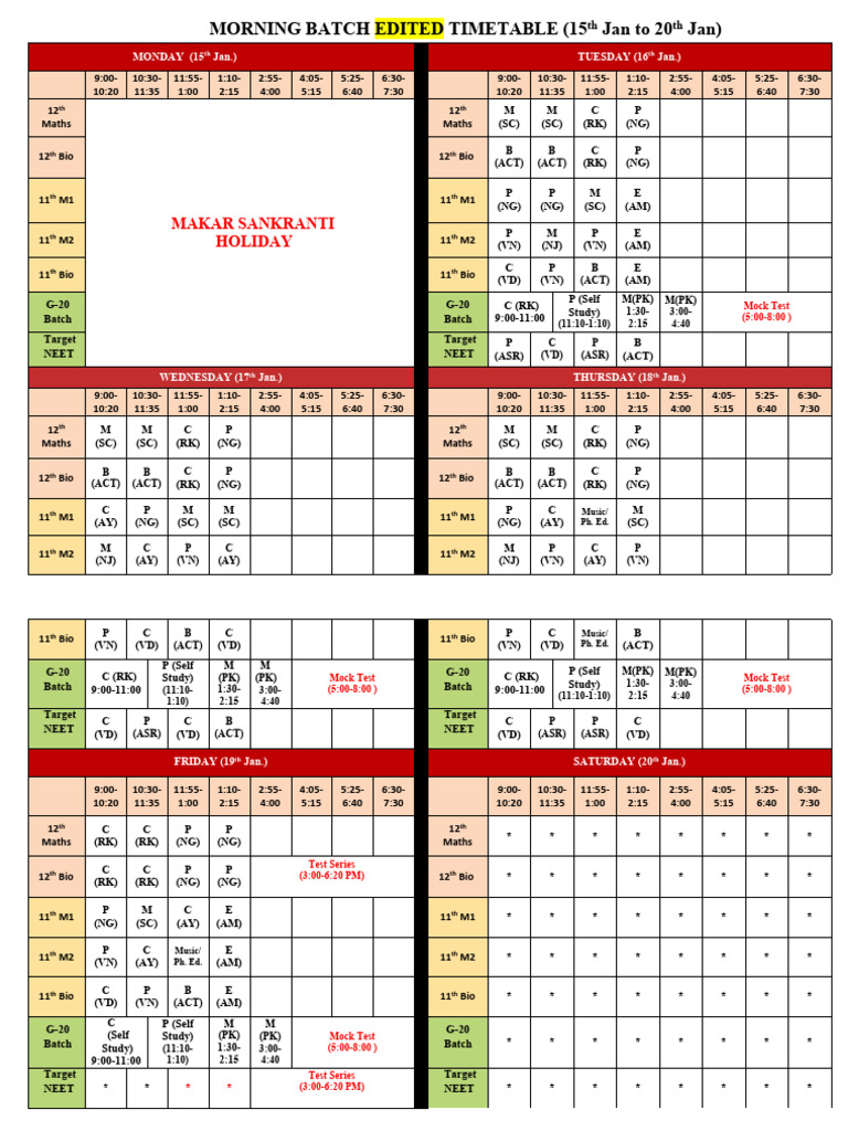 EDITED TIMETABLE (15th-20th Jan) | PDF