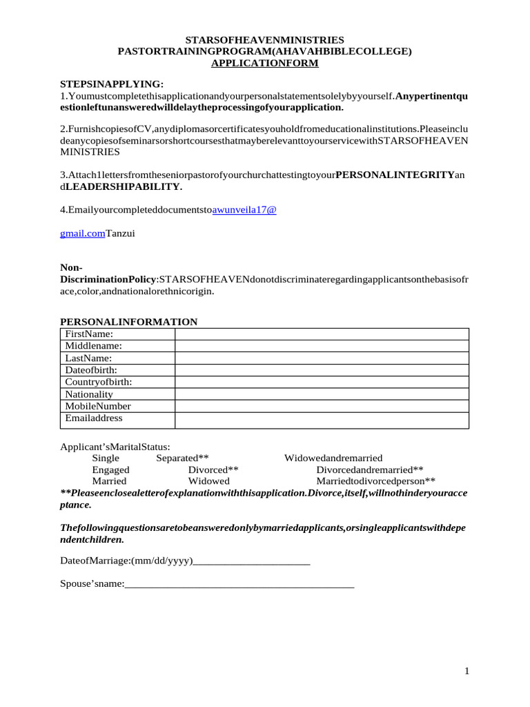 Ahavah Pastor Training Program Form Aptp | PDF