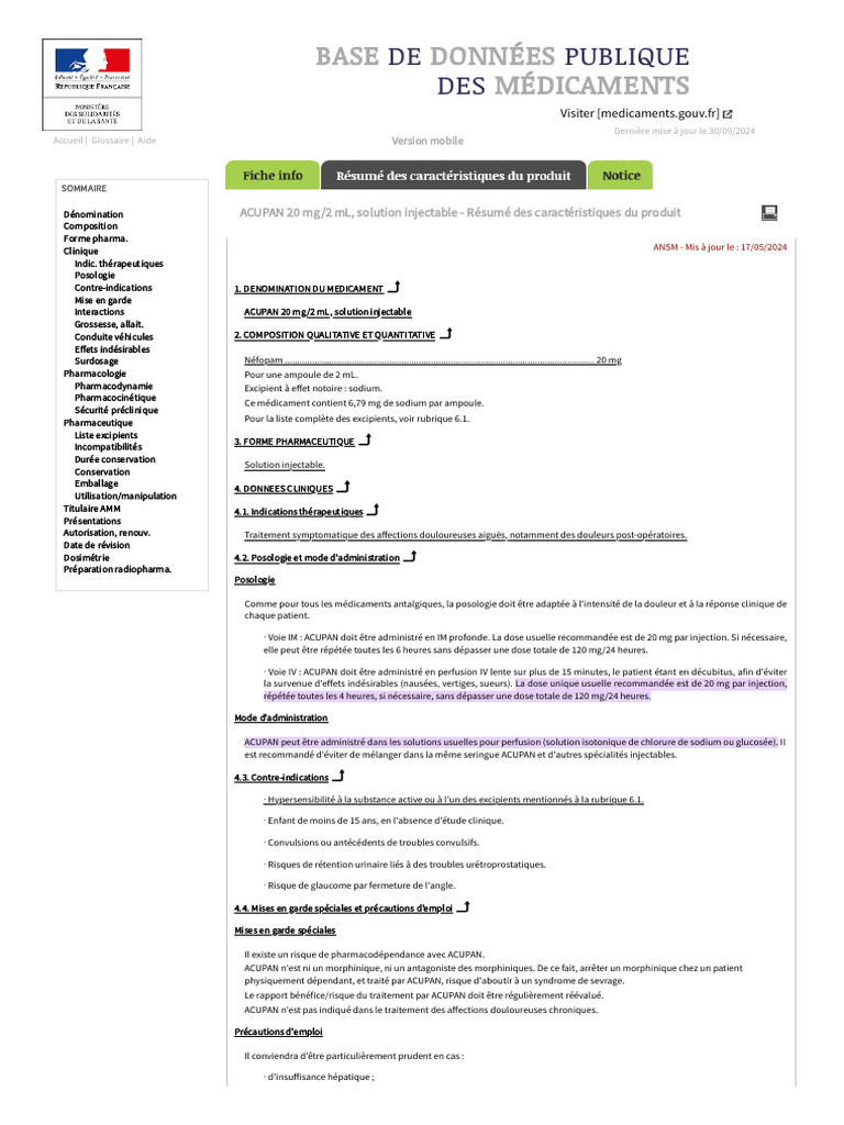 Effets et posologie d'Acupan 20 mg | PDF | Morphine | Benzodiazépine