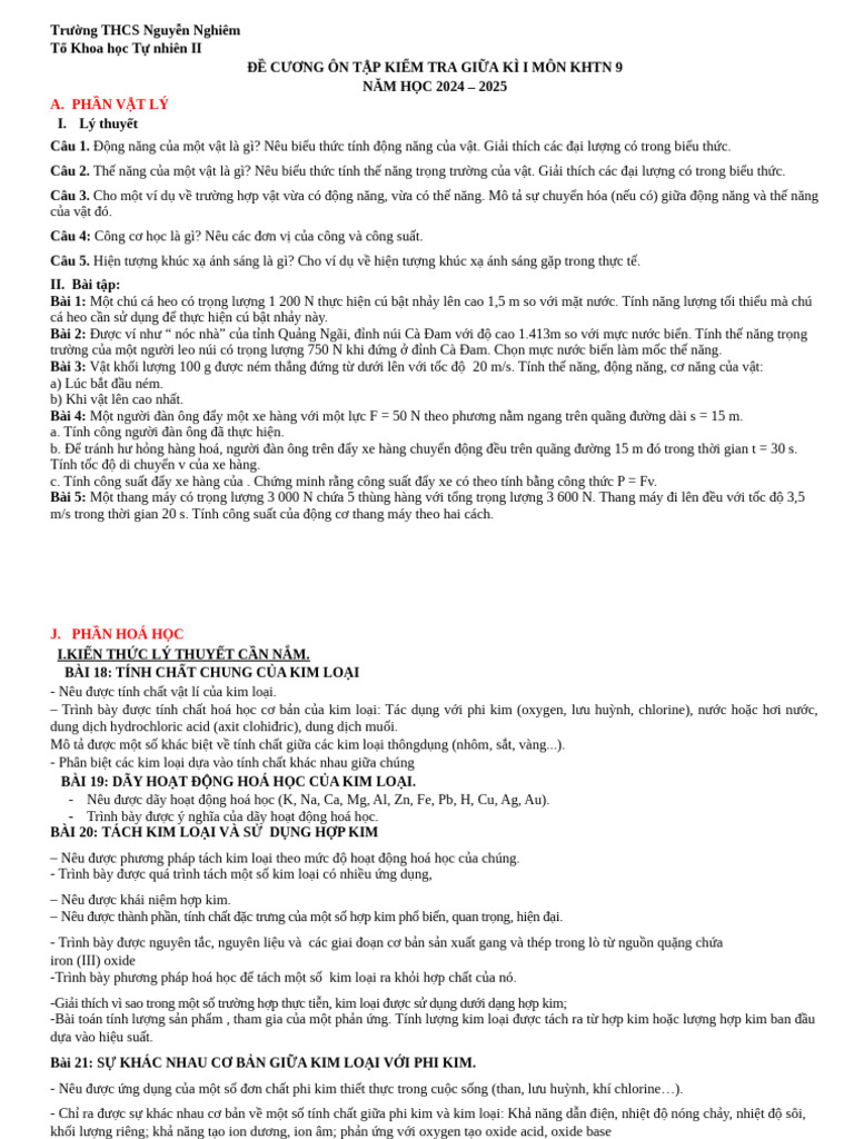 Đê Cương KHTN9 Gi A Hki 24-25 | PDF