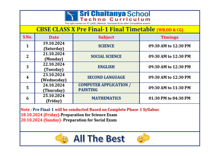 CBSE CLASS X Pre Final-1 Final Timetable (WB, OD & CG) | PDF
