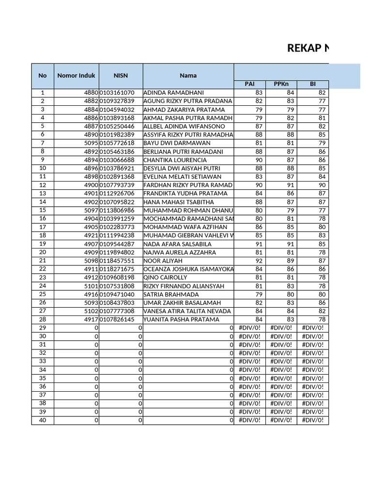REKAP NILAI Kls 6a | PDF