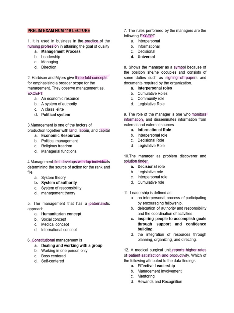 NCM 119 Prelim Reviewer | PDF | Leadership | Nursing