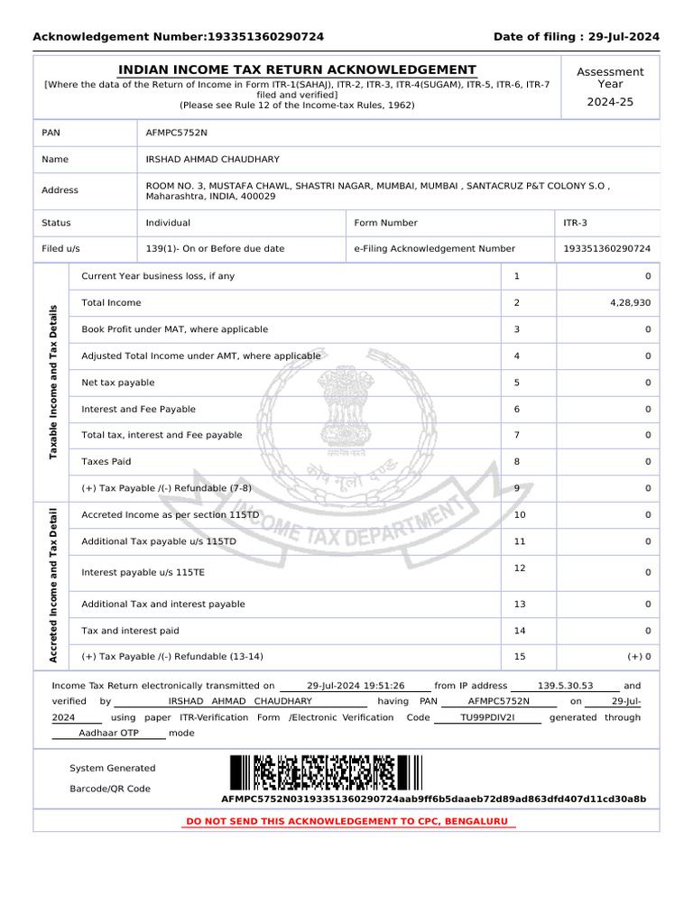 Acknowledgement 193351360290724 | PDF | Taxes | Income