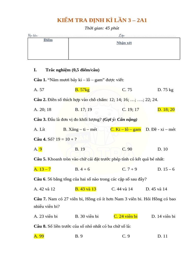 Đề Kiểm Tra Định Kì Lần 3 Lớp 2a1 | PDF