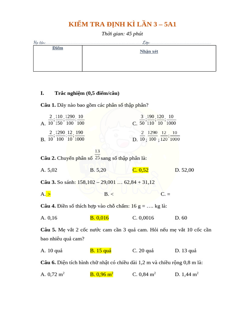Đề Kiểm Tra Định Kì Lần 3 Lớp 5a1 | PDF