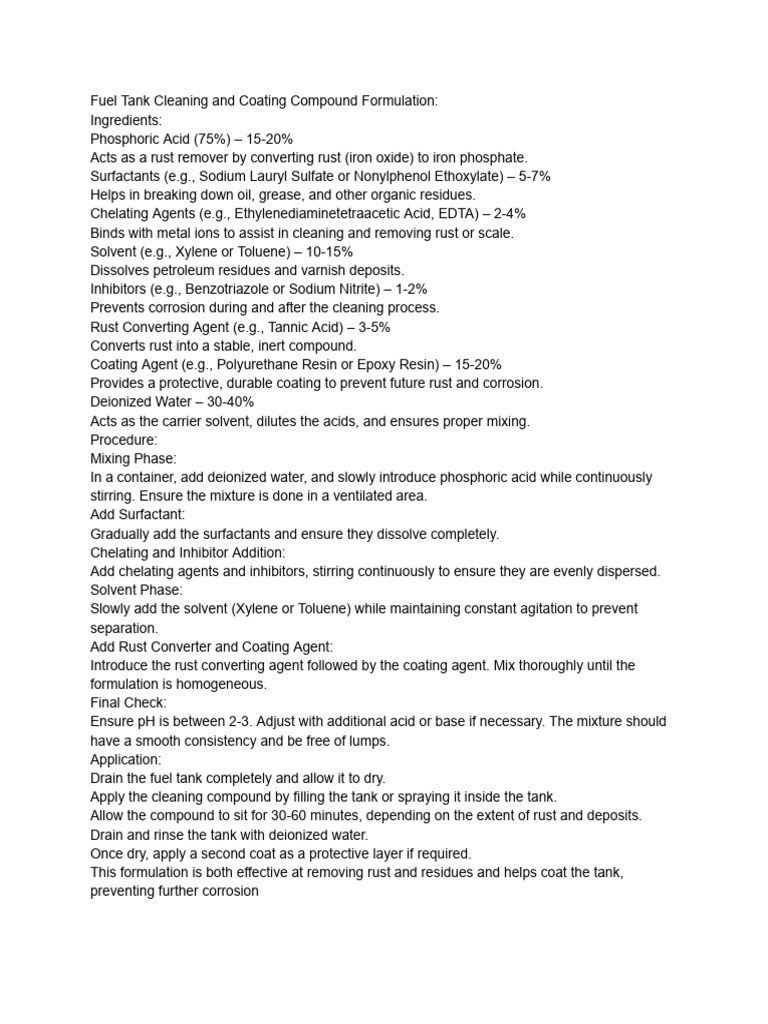 Fuel Tank Rust Converter and Cleaning Formulation | PDF