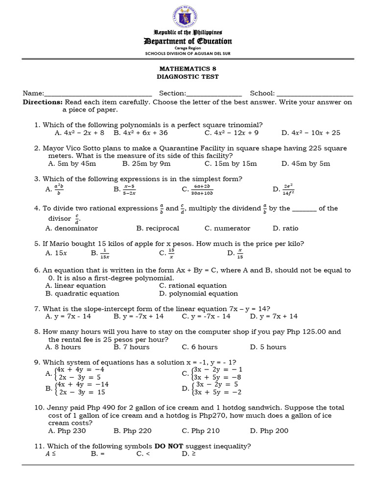 Math Diagnostic Test for Students | PDF | Probability | Equations