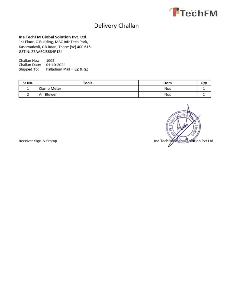 Delivery Challan: Ina Techfm Global Solution Pvt. LTD | PDF | Business ...