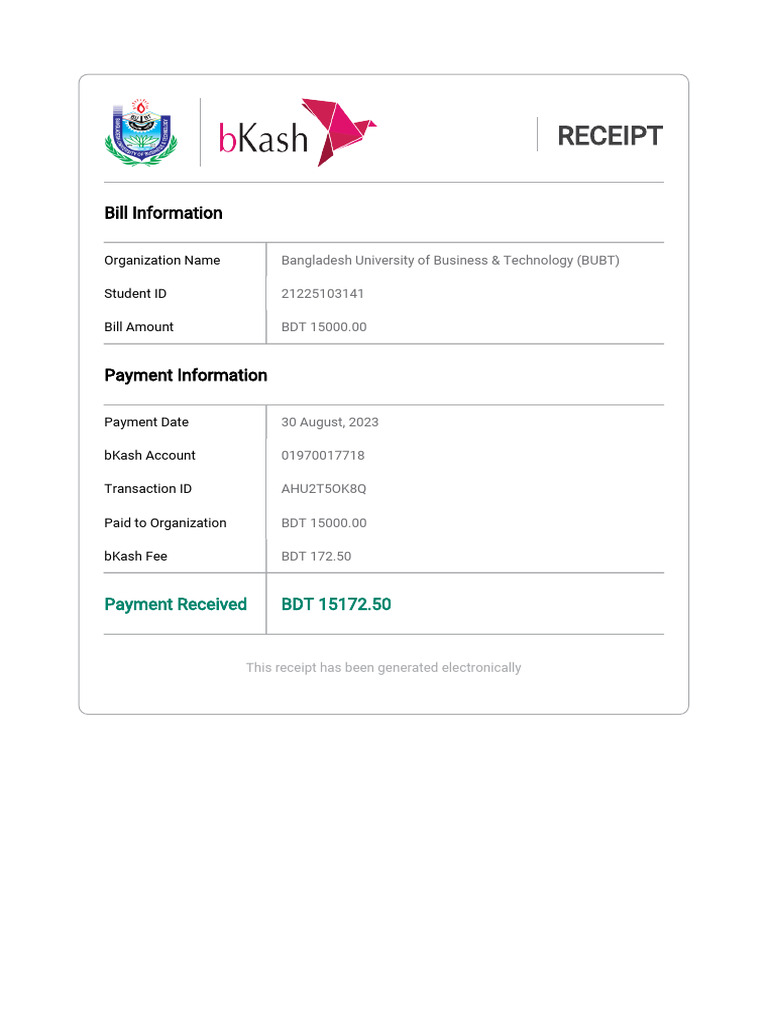 BUBT Student Payment Receipt | PDF