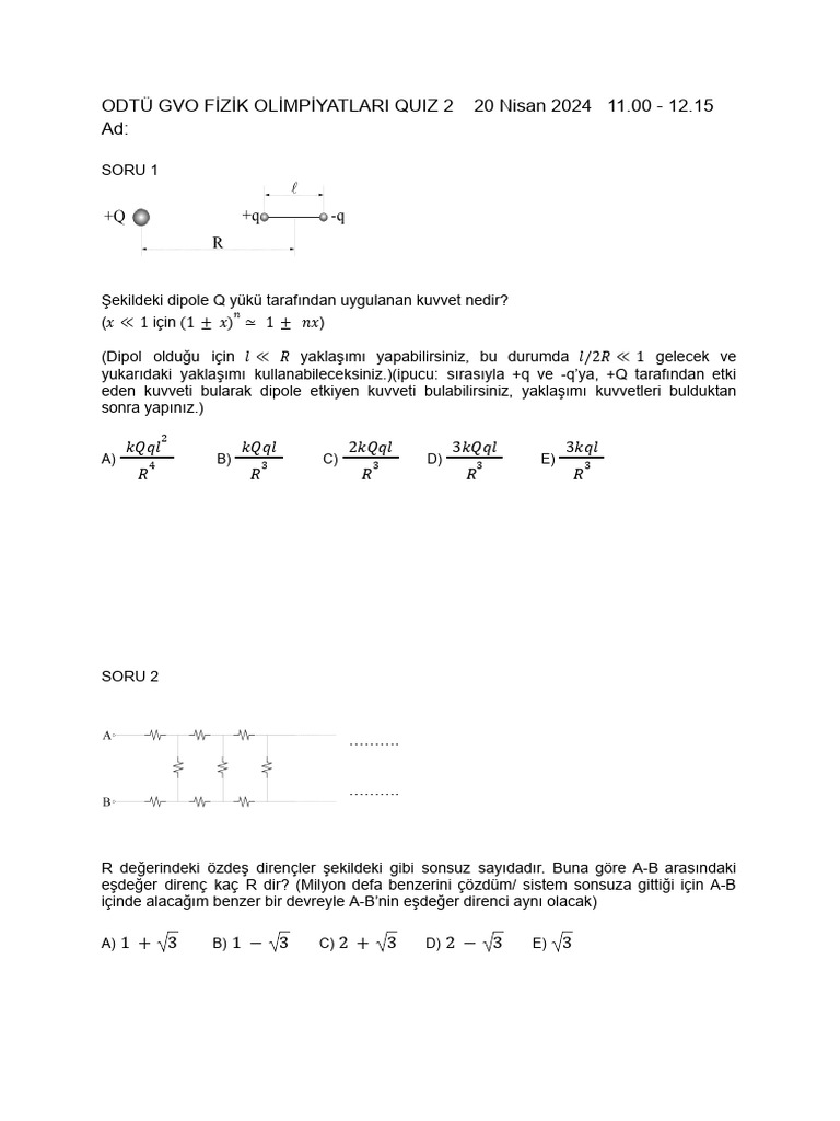 ODTÜ GVO, FİZİK OLİMPİYATLARI QUIZ 2 20 Nisan 2024 | PDF