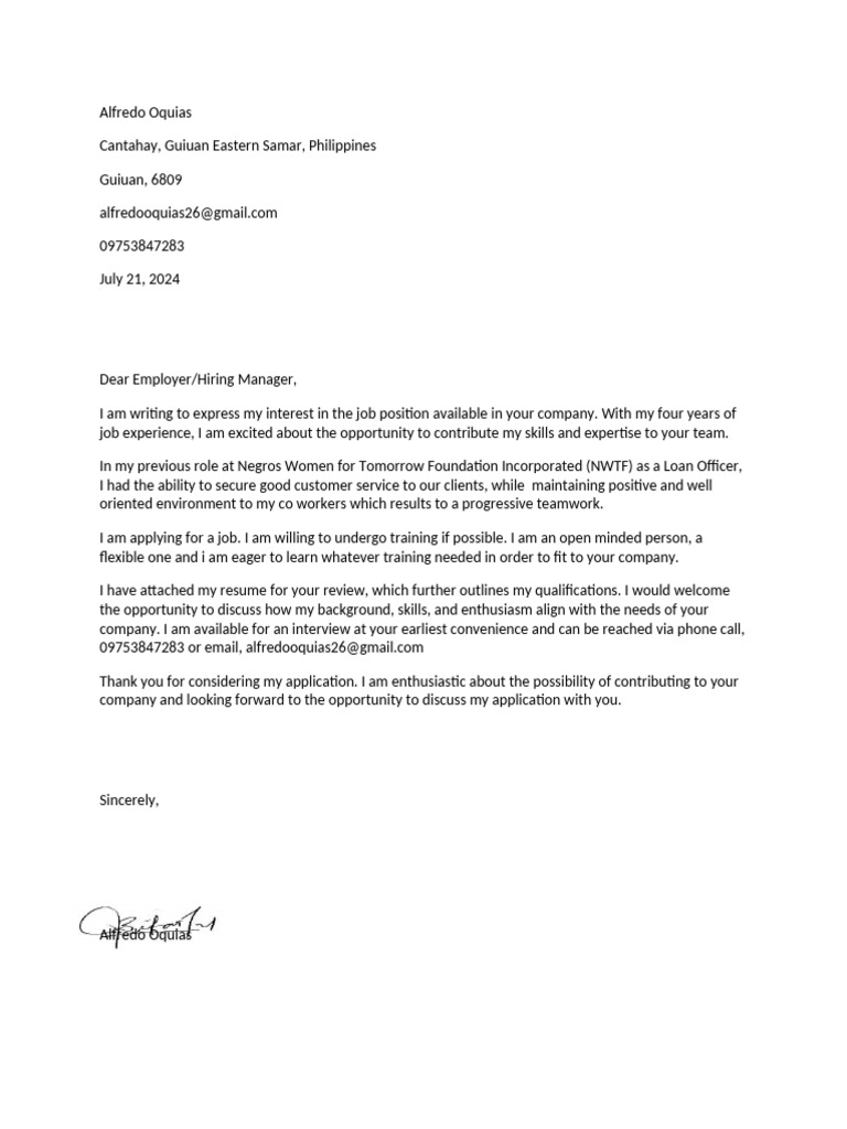 Letter of Application - Sample | PDF