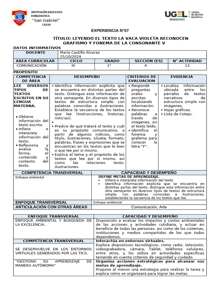 Nº 13 - V-25.10 COM. Leyendo El Texto La Vaca Violeta Reconocen La ...