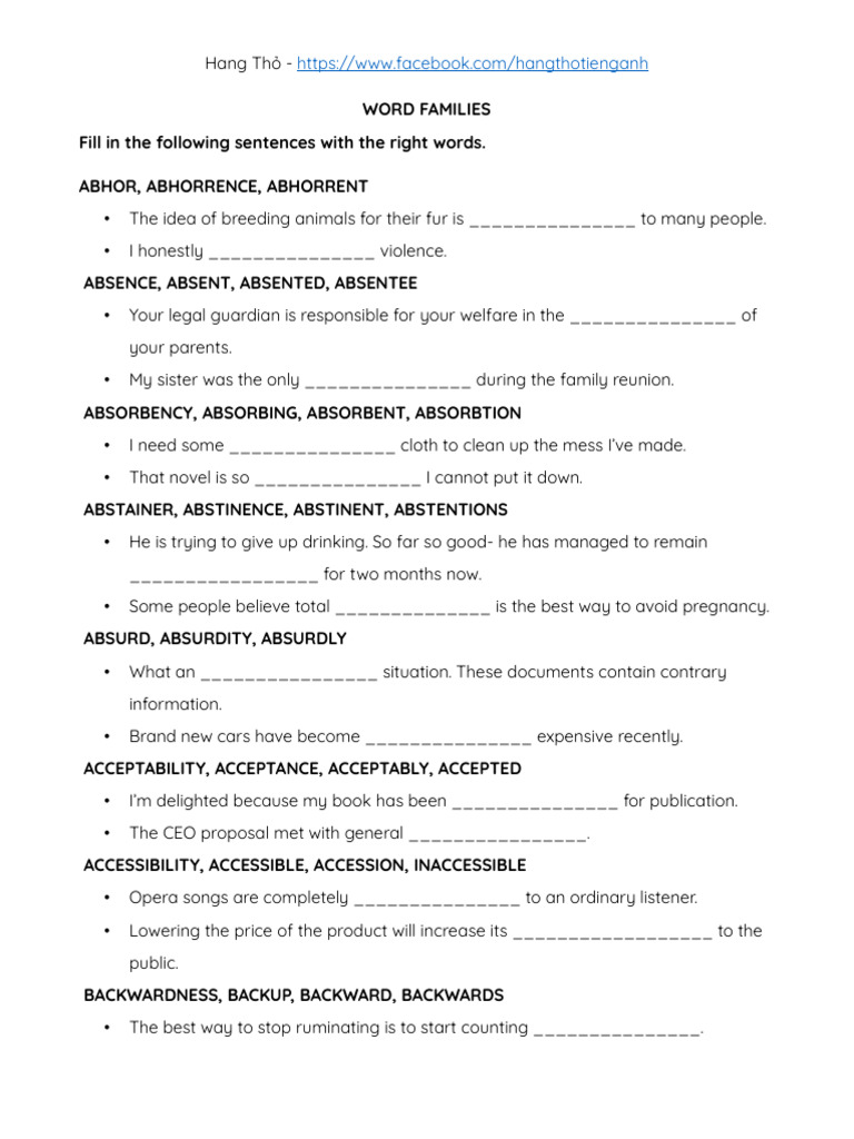 Word Families Exercise and Answers | PDF | Social Science | Lifestyle