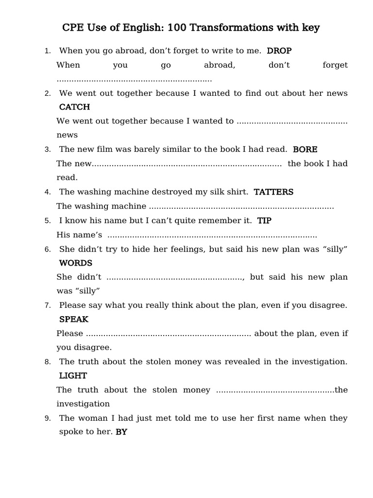 CPE Use of English 100 Transformations With Key | PDF