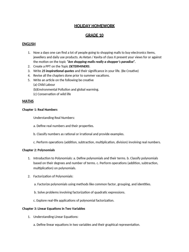 Holiday Homework Grade 10-2 | PDF | Equations | Polynomial